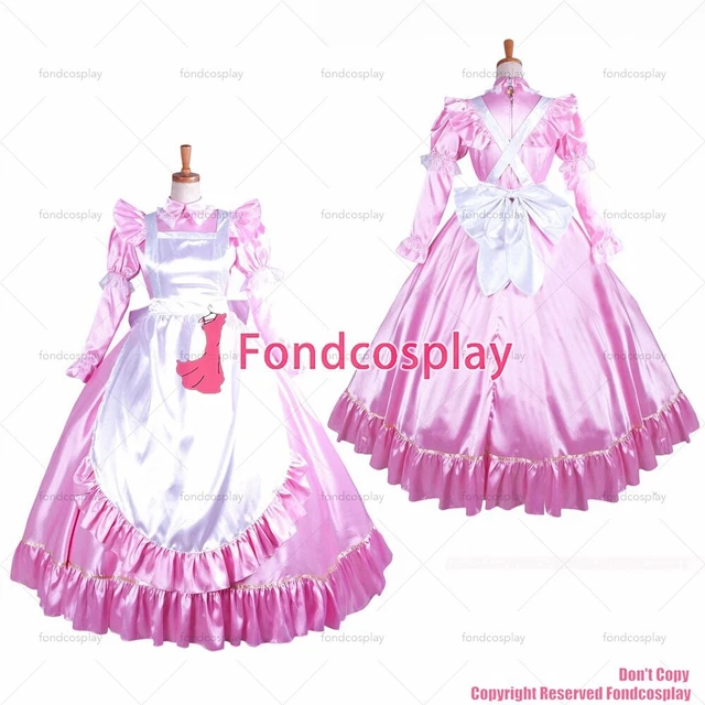 CROSS DRESSING SISSY maid Satin baby Pink Dress Lockable Uniform apron ...