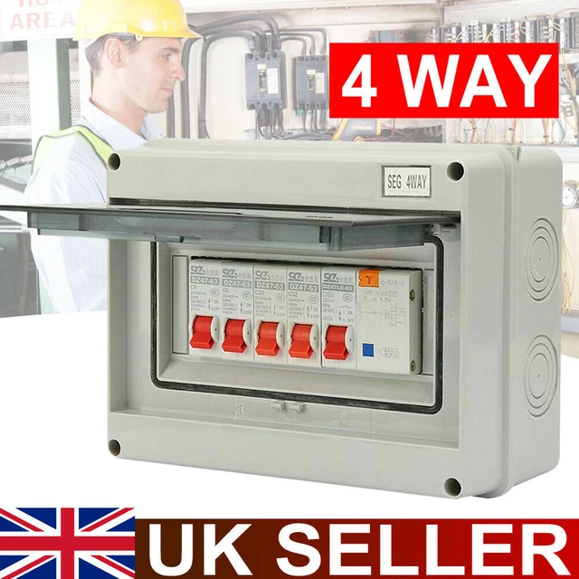 4 WAY GARAGE IP65 Weatherproof Consumer Unit Enclosure 63A 30mA RCD MCB ...