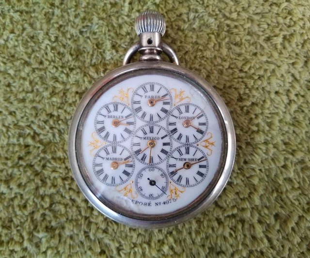 AMAZING WORLD TIME Zones Captains Pocket Watch 6 Comoplications Depose ...