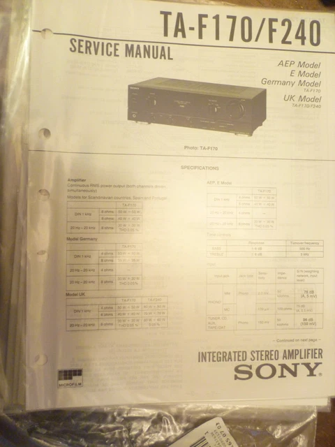 SONY TA-F170/ TA-F240 Stereo Amplifier ORIGINAL Service Manual £8.23 ...