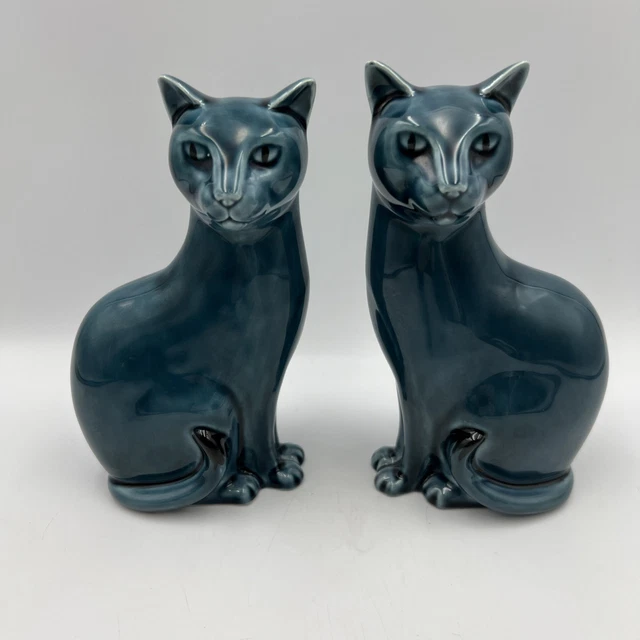POOLE POTTERY “DOLPHIN Blue” Pair Of Siamese Cats Left & Right 6.5 ...