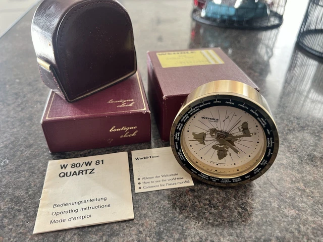 1960'S WEHRLE QUARTZ WORLD TIME TRAVEL Brass Table Alarm Clock GERMANY ...