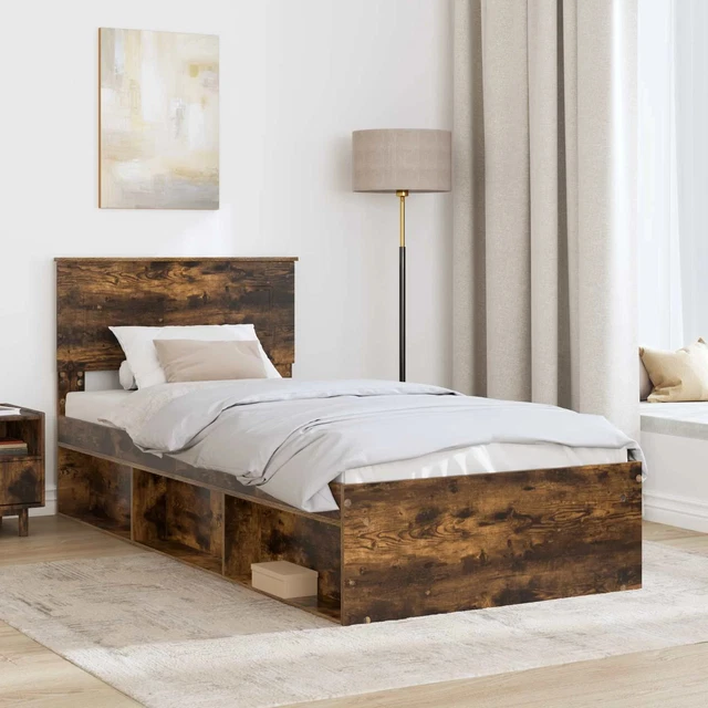 BED FRAME WITH Headboard Smoked Oak 90 x 200 cm Engineered wood vidaXL ...