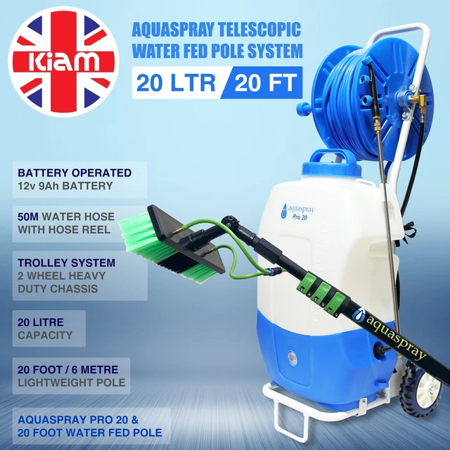 20FT TELESCOPIC WATER Fed Pole & 20L Spray Tank Window Cleaning Trolley ...