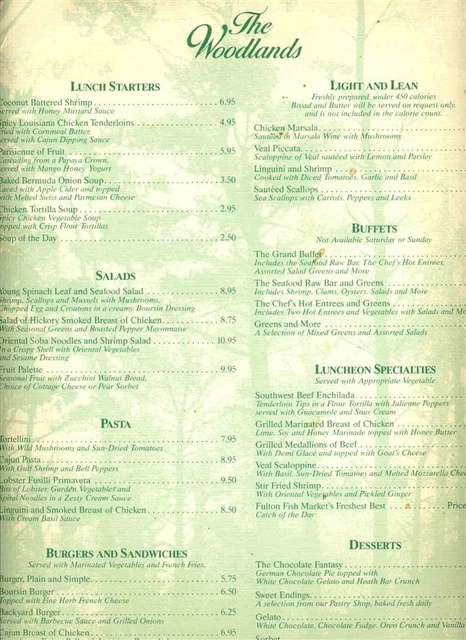THE WOODLANDS RESTAURANT Menu Stouffer Westchester Hotel White Plains ...