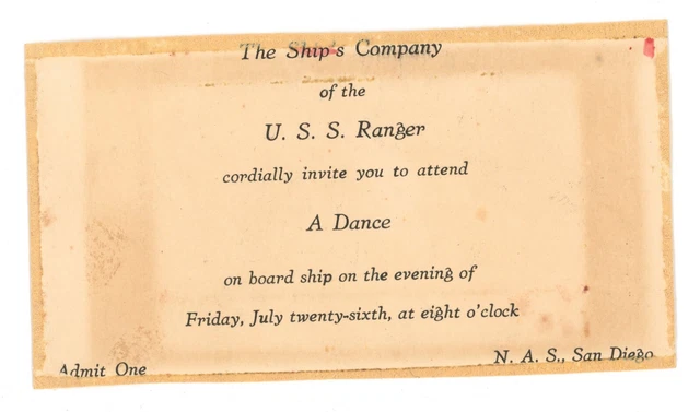 1935 PRE WW2 Uss Ranger Dance Invite Nas San Diego Usn Us Navy F2 £12. ...