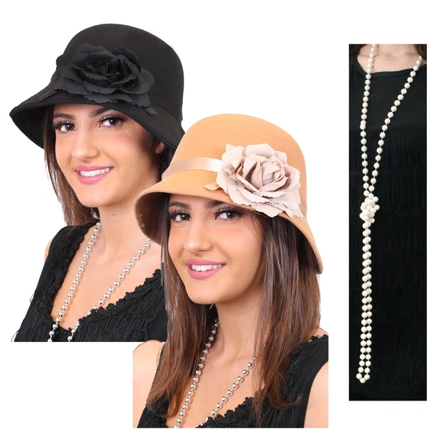 CLOCHE HAT WITH FLOWER & PEARL NECKLACE SET 1920s 30s GATSBY FLAPPER ...