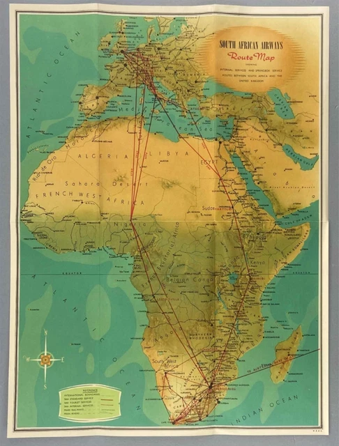 SOUTH AFRICAN AIRWAYS Vintage Airline Route Map Poster Brochure Saa Sal ...