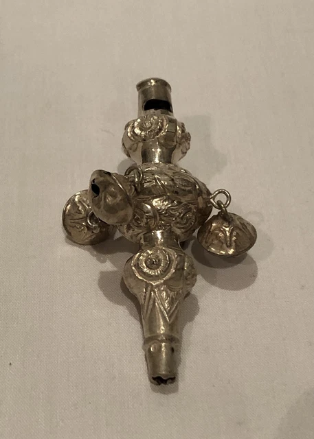 ANTIQUE VICTORIAN SILVER Baby's Rattle & Whistle Birmingham 1876 George ...