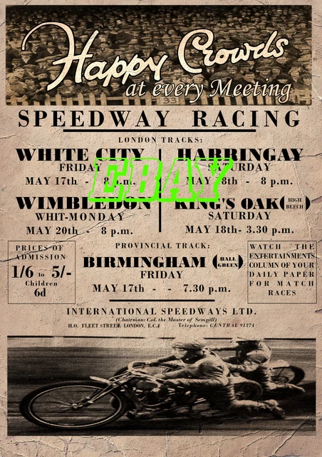 VINTAGE SPEEDWAY RETRO Aged Look Advertising A4 Size Poster Print £3.99 ...