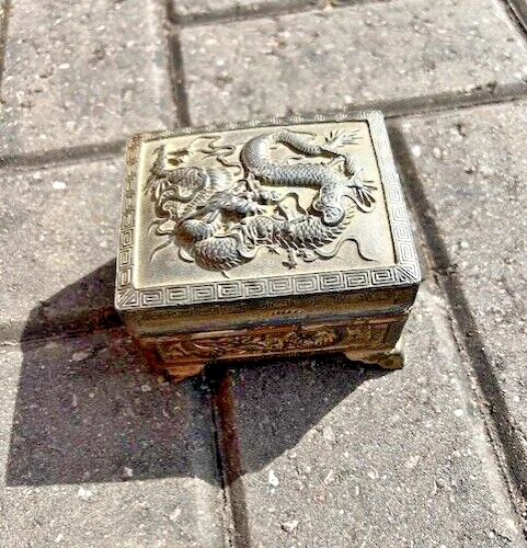 ANTIQUE JAPANESE MEIJI (?) Metal Dragon Design Lidded Box - see details ...