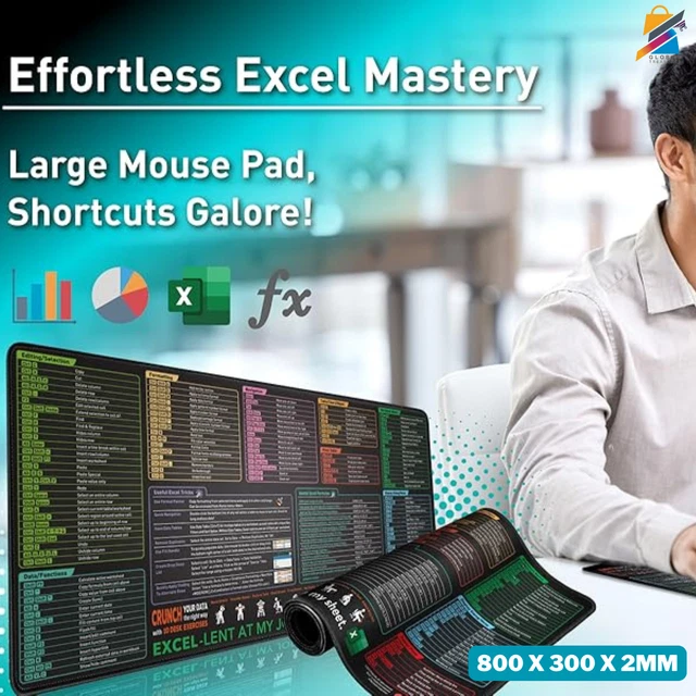 EXCEL SHORTCUTS MOUSE Pad XL Cheat Sheet Desk Mat Non-Slip Gaming ...