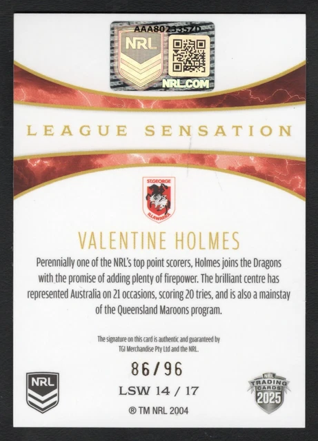 2025 NRL ELITE LEAGUE SENSATION SIGNATURE WHITE CARD - LSW14 Valentine ...