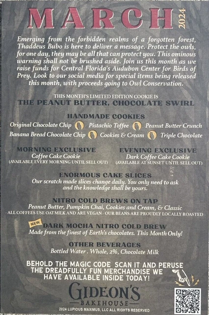DISNEY SPRINGS GIDEON’S Bakehouse MARCH 2024 Menu Card $9.58 - PicClick CA
