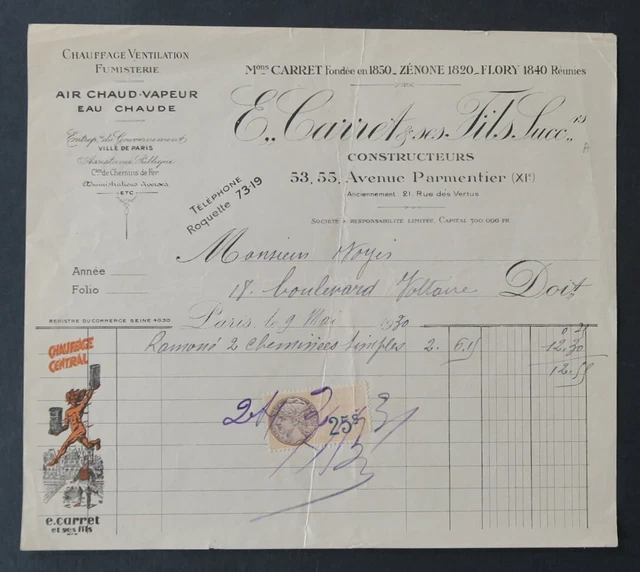 FACTURE 1930 CHAUFFAGE VENTILATION CARRET CONSTRUCTEURS PARIS bill ...