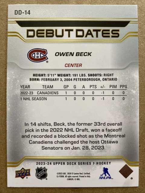 2023-24 UD OWEN Beck Debut Dates Card DD-14 Montreal Canadiens $1.25 ...