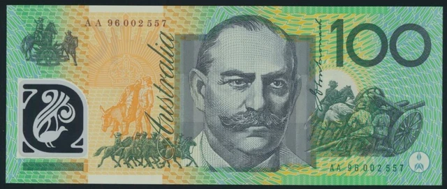 AUSTRALIA: FIRST POLYMER $100 FIRST PREFIX AA96 dated 15 May 1996 UNC ...