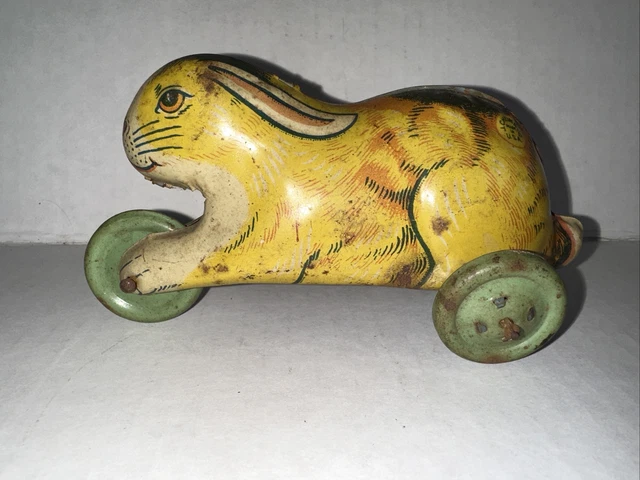 VINTAGE “J. CHEIN” Tin Litho Bunny Rabbit Pull Toy $48.99 - PicClick