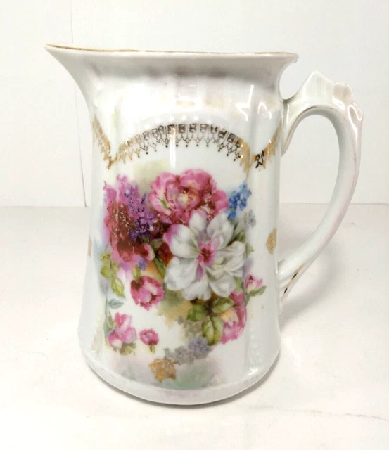 VINTAGE, GERMAN PITCHER with Flowers Porcelain 7 in. Painted with Gold ...