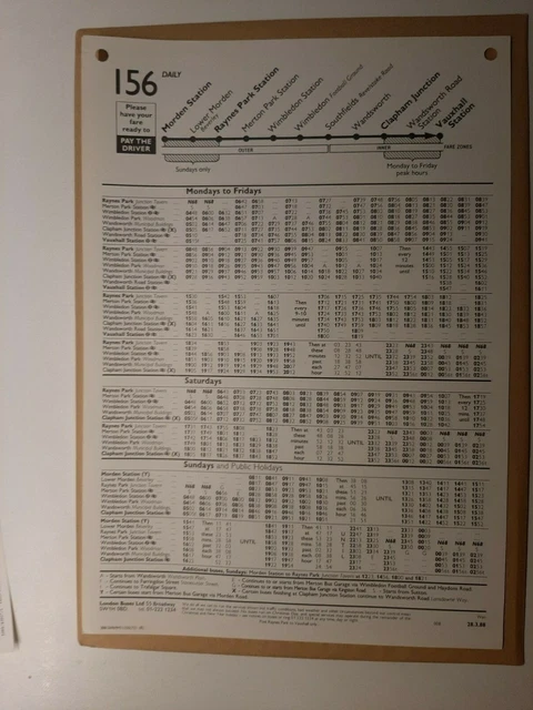 LONDON TRANSPORT BUS Stop Panel Timetable Route 156 dated 28/3/88 £5.99 ...