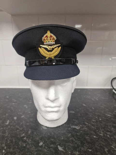 RAF OFFICERS STYLE Peak Cap Black With Kings Crown Bullion Badge Size ...