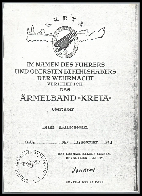 URKUNDE/KOPIE, WK2, NACHL. Fallsch.jäg. H.Kalischewsky, Ärmelband Kreta ...