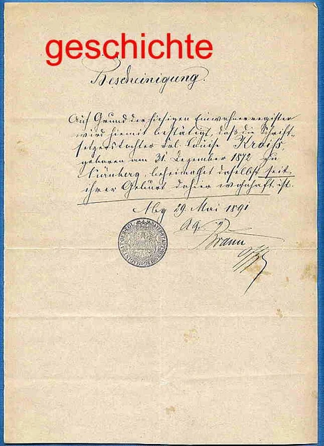 DOKUMENT, WOHNBESCHEINIGUNG FÜR eine Schriftsetzertochter, Nürnberg, um 1891 !!! EUR 8,55 ...