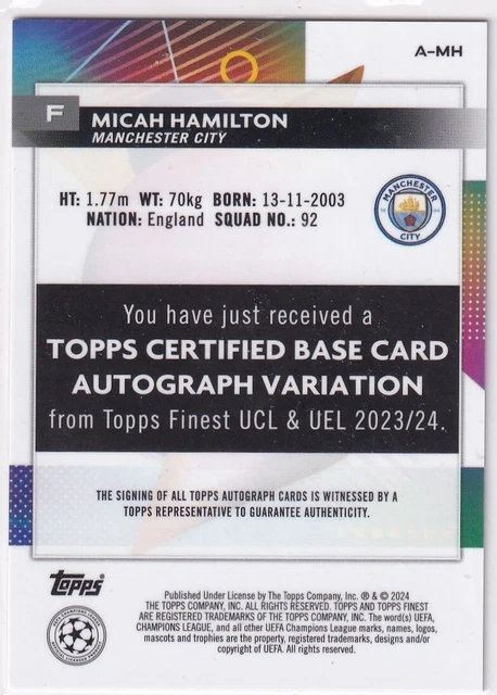 TOPPS FINEST CHAMPIONS League 2024 No A-Mh Micah Hamilton Rookie Auto ...