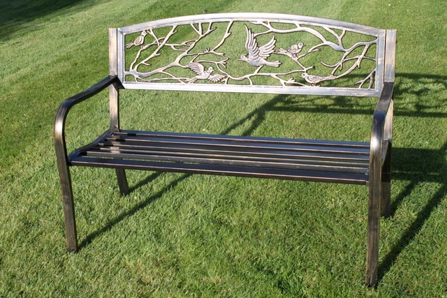METAL GARDEN BENCH with Cast Iron 'Birds Design' Back Rest £88.99 ...