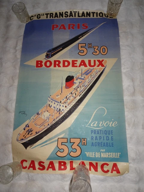 ANCIENNE AFFICHE ORIGINALE CGT transatlantique EDOUARD COLLIN PARIS ...
