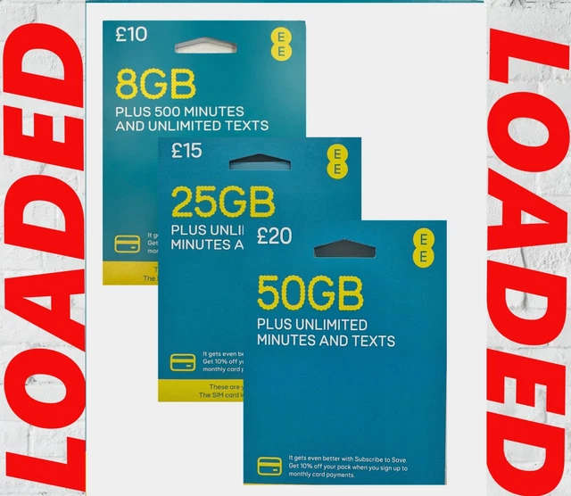 PRELOADED 50GB 25GB 8GB Data EE Sim Card PAYG WIFI MIFI DONGLE Phone £8 ...