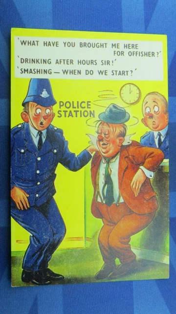 BAMFORTH COMIC POSTCARD 1960s Police Officer Station Drunk DRINKING ...