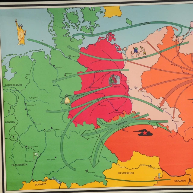 VINTAGE HISTORICAL WALL Chart Map Migration Period 1945 Displacement of ...