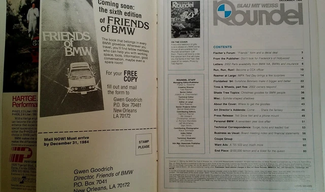 RARE ROUNDEL BMW MAGAZINE Dec 1984 Floridafest Rare VHTF! £20.29 ...