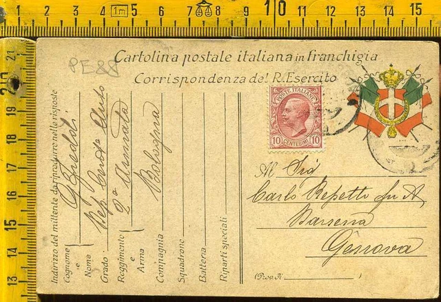 PRIMA GUERRA FRANCHIGIA Posta Militare Bologna 2 Armata x Genova pe 088 ...