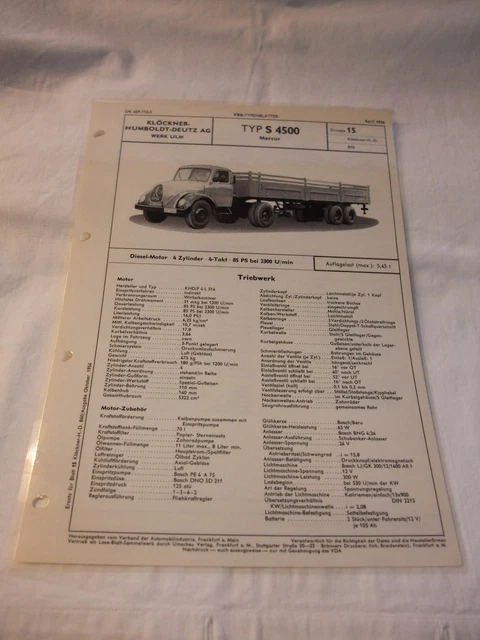 REKLAME VDA-TYPENBLATT OLDTIMER Datenblatt Klöckner Humboldt Deutz S ...