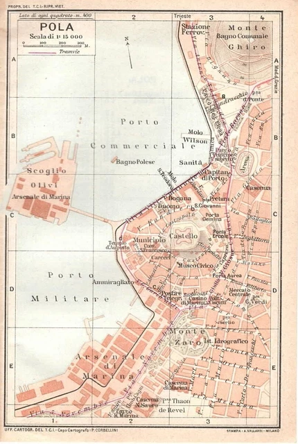 CARTA GEOGRAFICA ANTICA POLA PULA ISTRIA pianta Croazia 1920 Antique ...