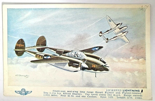 VINTAGE WWII POSTCARD No. 4926 of American fighter aircraft LOCKHEED ...