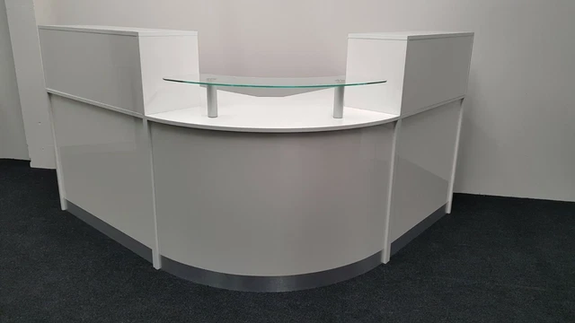 WHITE GLOSS RECEPTION Desk Curved Reception Counter Curved Glass Office ...