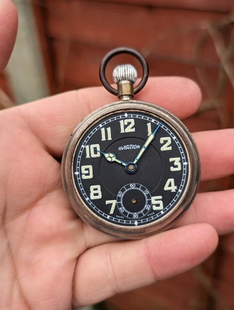 VINTAGE AVIATION BLACK Dial Pocket Watch - Military? £9.99 - PicClick UK