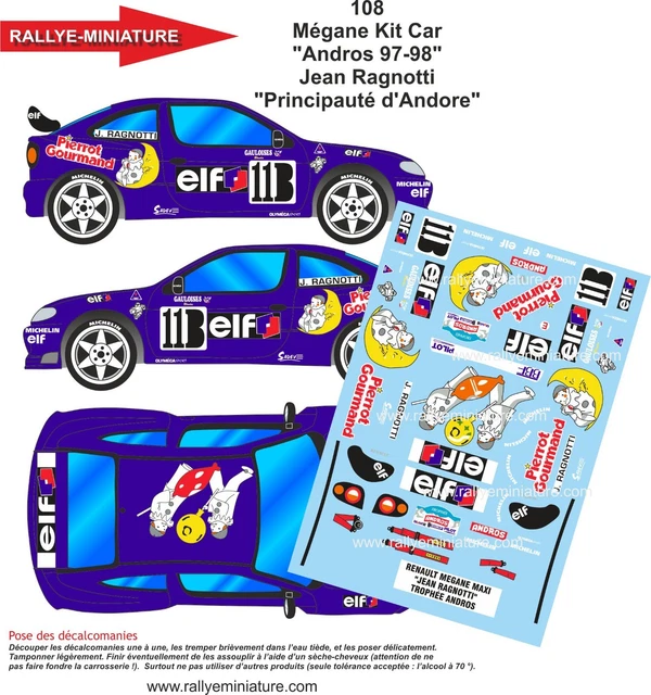 DECALS 1/18 REF 108 Renault Megane Maxi Kit Car Ragnotti Trophee Andros ...