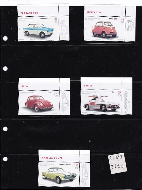 BUND 2002 MINR. 2289-2293 "Automobile" Eckrand rechts postfrisch EUR 5 ...