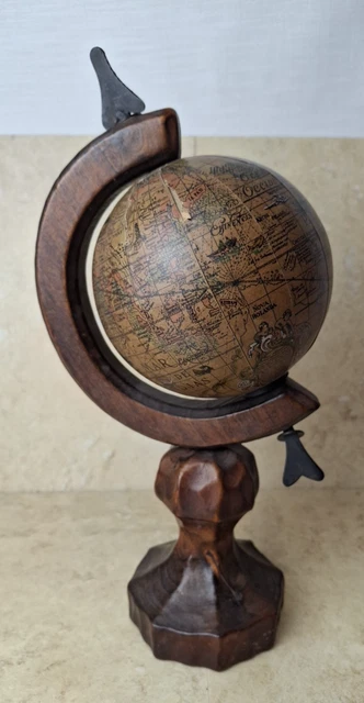 VINTAGE OLD WORLD Desk Tabletop Rotating Globe Wood Carved Base Made in ...