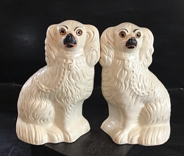 ANTIQUE PAIR OF Victorian White Staffordshire Mantle Wally Dogs With ...