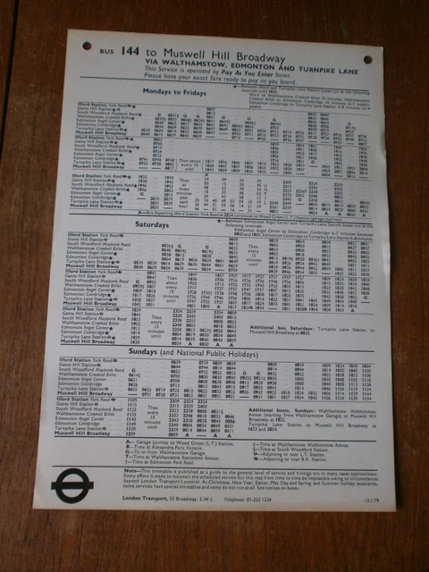 LONDON TRANSPORT BUS Stop Timetable Panel-Route 144, 1979 £1.50 ...