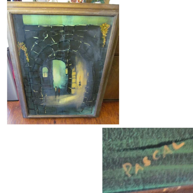 VINTAGE MCM OIL Painting Signed Pascal Surreal Dark on Masonite $175.00 ...