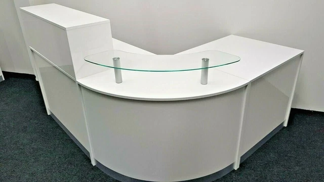 WHITE GLOSS RECEPTION Desk Curved Office Counter Glass Unit Office ...