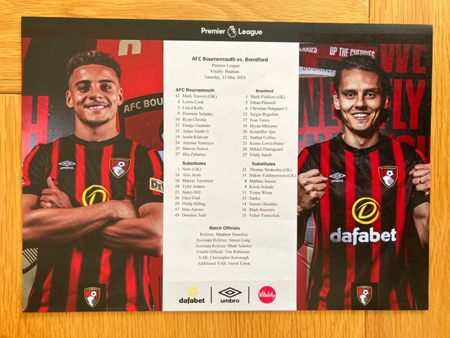 AFC BOURNEMOUTH 2023-24 Home Club & Premier League Format A4 Colour ...