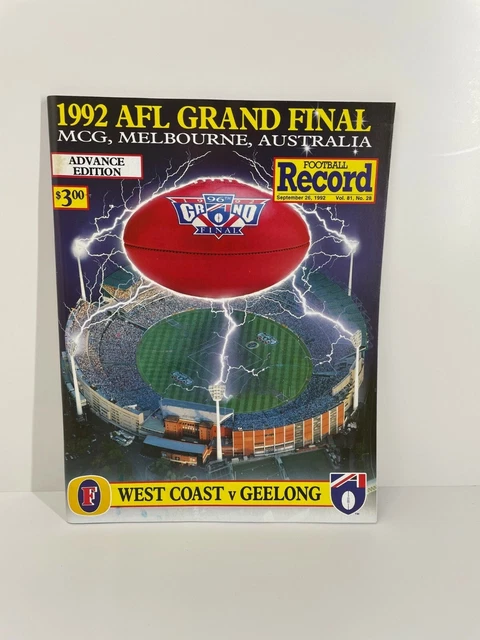 AFL GRAND FINAL 1992 Football Record Vol 81 No 28 West Coast v Geelong ...
