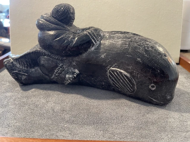 ORIGINAL &WOLF& SOAPSTONE Carving "Inuit Whale Rider". 7" x 4" --2099. ...